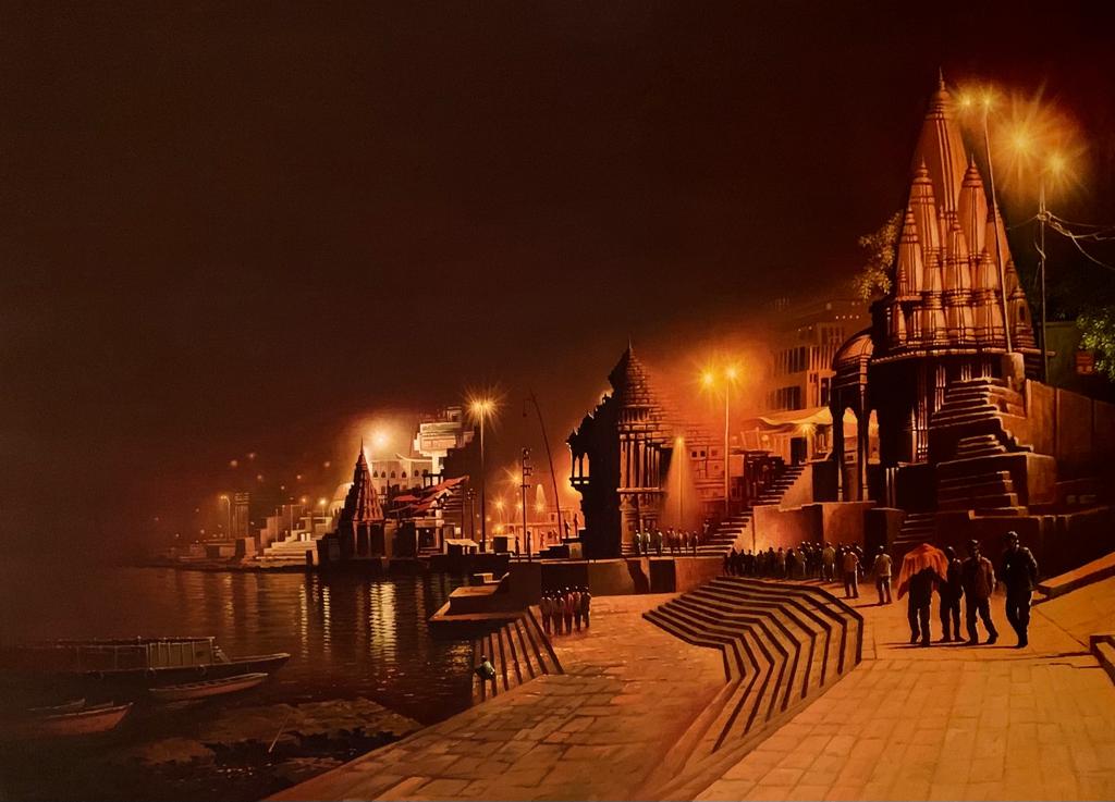 Buy Original Banaras Ghat At Night Painting online By Amit Bhar | Eikowa