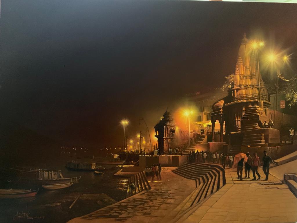Buy Original Night at Banaras Ghat Painting online By Amit Bhar | Eikowa